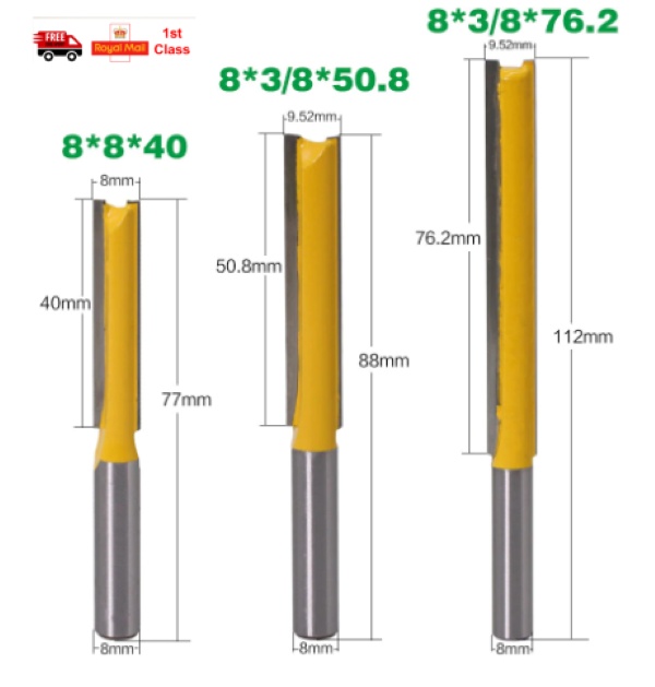 Router Bit 8mm Shank Extra Long Straight Flute TCT - 7 Sizes - Milling ...