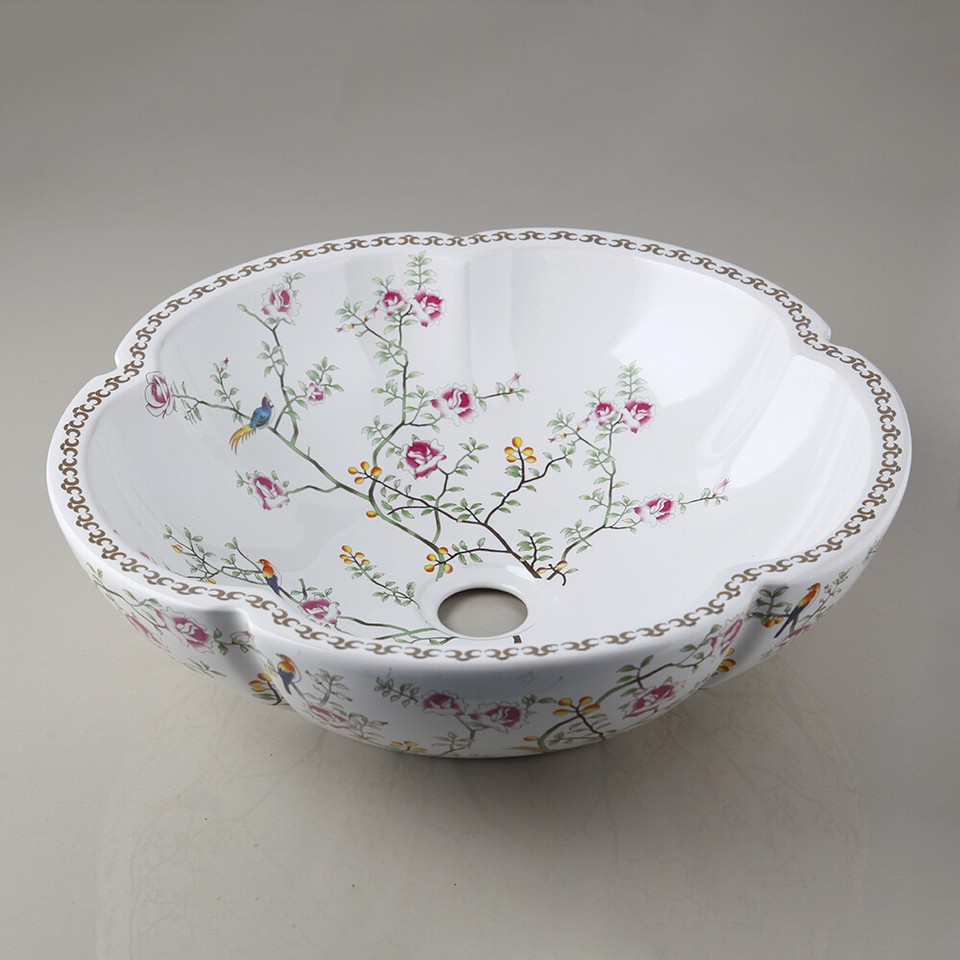 Ceramic Flower-shaped Basin Bowl Vanity Vessel Sink Antique Brass Mixer ...