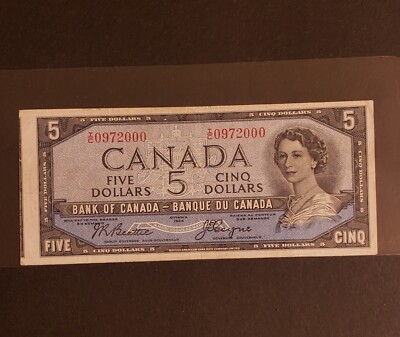 ERROR 1954 Bank of Canada $5 DEVIL FACE Banknote. MISCUT ERROR. Prefix ...