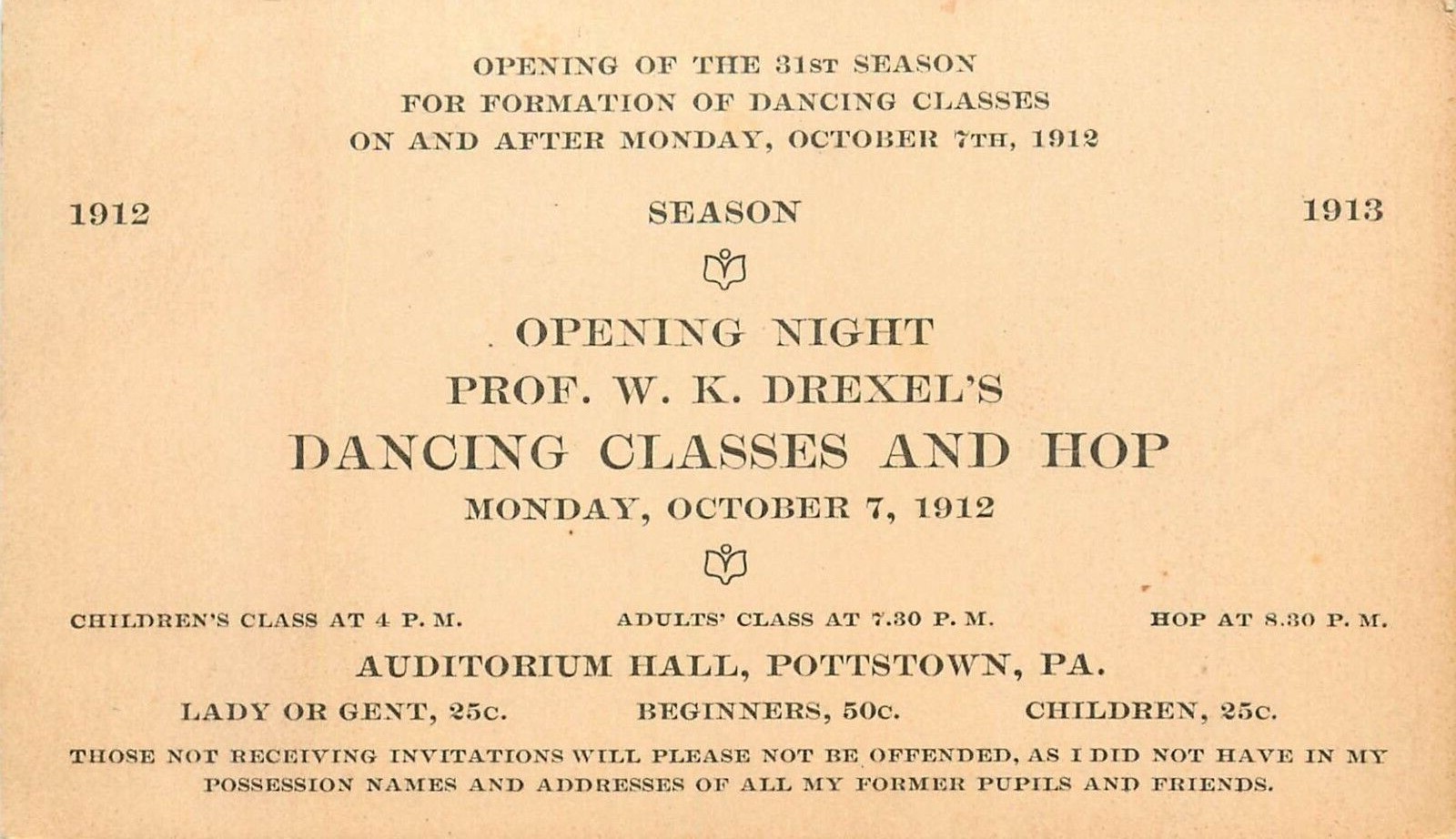 AD FOR DANCE CLASSES, 1912, POTTSTOWN, PENNSYLVANIA, VINTAGE POSTCARD ...