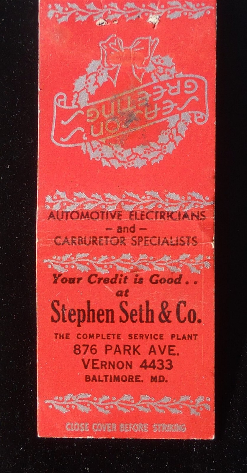 1930s CHRISTMAS Stephen Seth & Co. Tires Batteries 876 Park Ave ...
