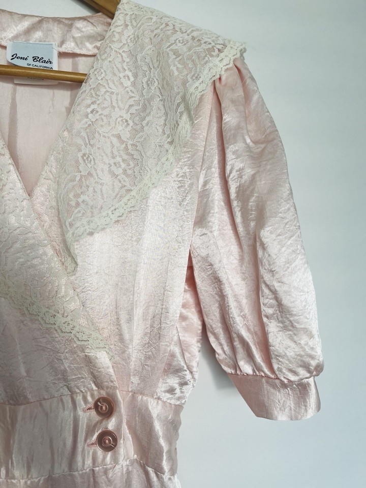 Joni Blair Vintage 80’s Pink Satin Lace Dress Sz 9 Midi Button Detail ...