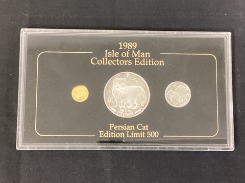 1989 Isle of Man 3-Coin Set: 1oz Silver; 1/25oz Gold; 1/5oz Platinum ...