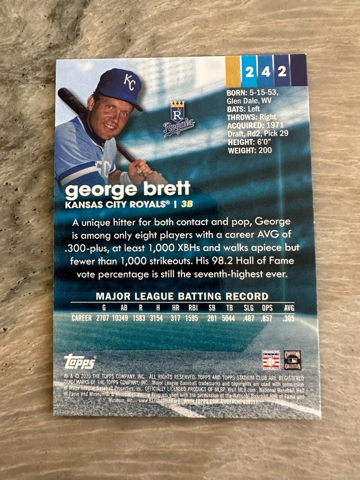 GEORGE BRETT 2020 TOPPS STADIUM CLUB #242 BLACK FOIL PARALLEL SP ...