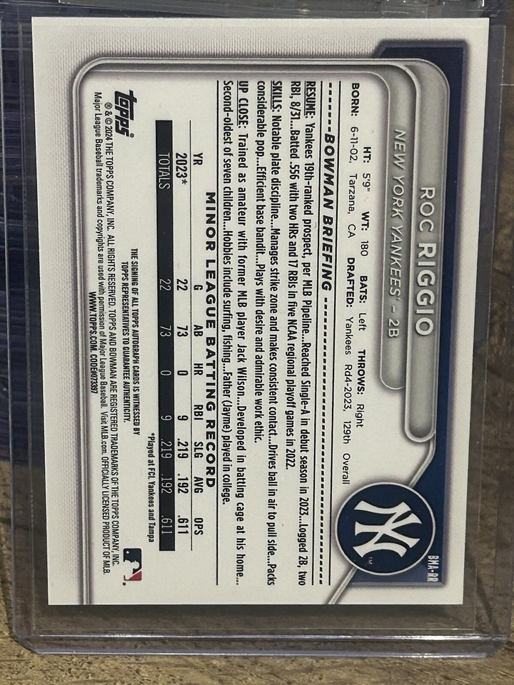 Roc Riggio NY Yankees 2024 Bowman Chrome Mojo Refractor On Card Auto # ...
