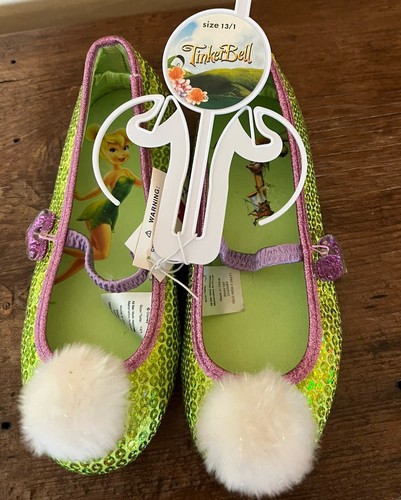 Disney Store Girl's Tinker Bell Pom Sequin Shoes Sz 13/1 Costume Peter ...