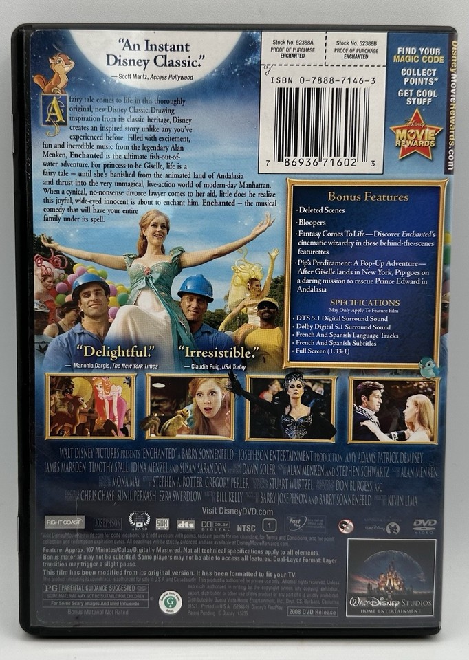 Enchanted DVD Full Screen Walt Disney Amy Adams Patrick Dempsey James ...