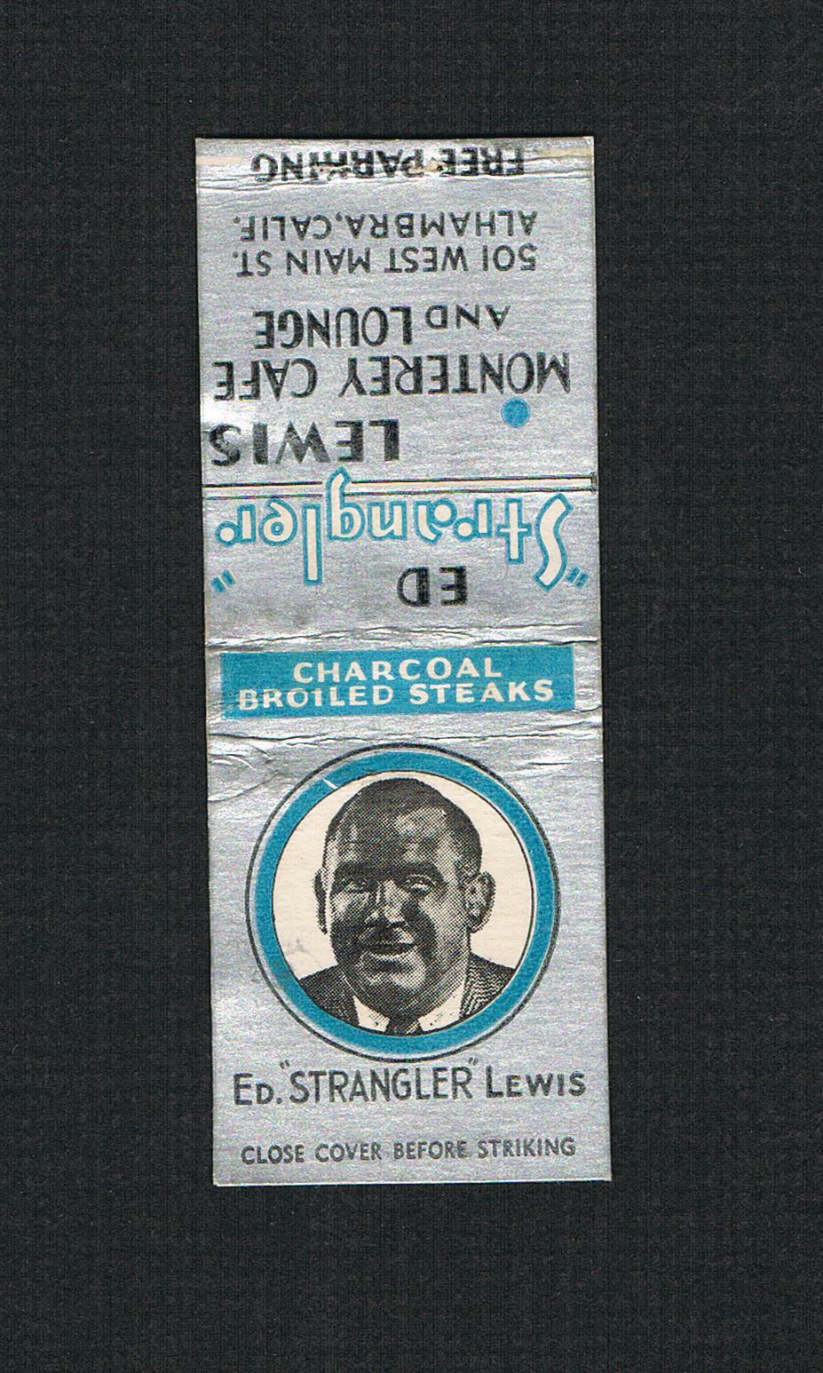 RARE Ed Strangler Lewis wrestling matchbook cover wrestler Alhambra ...