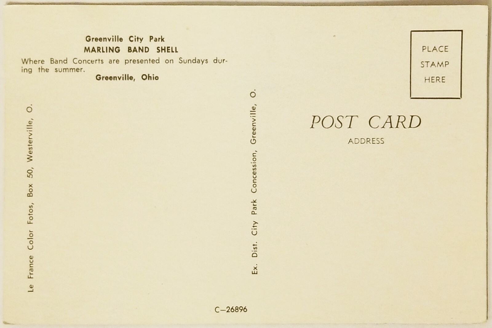 Greenville City Park Marling Band Shell Concerts Ohio Postcard | eBay