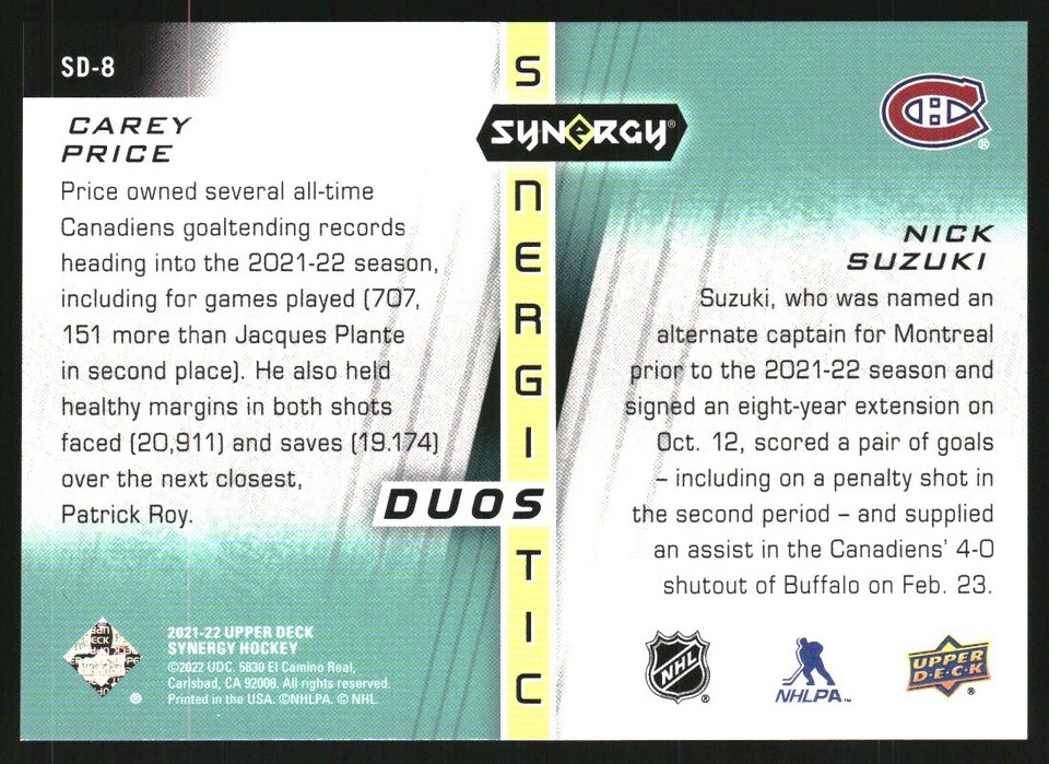 2021-22 Synergy Synergistic Duos Stars #SD8 Carey Price Nick Suzuki ...