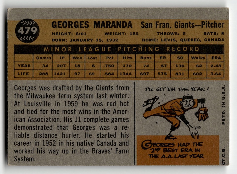 1960 Topps Georges Maranda #479 SF Giants ROOKIE MID HIGHER GRADE NO ...