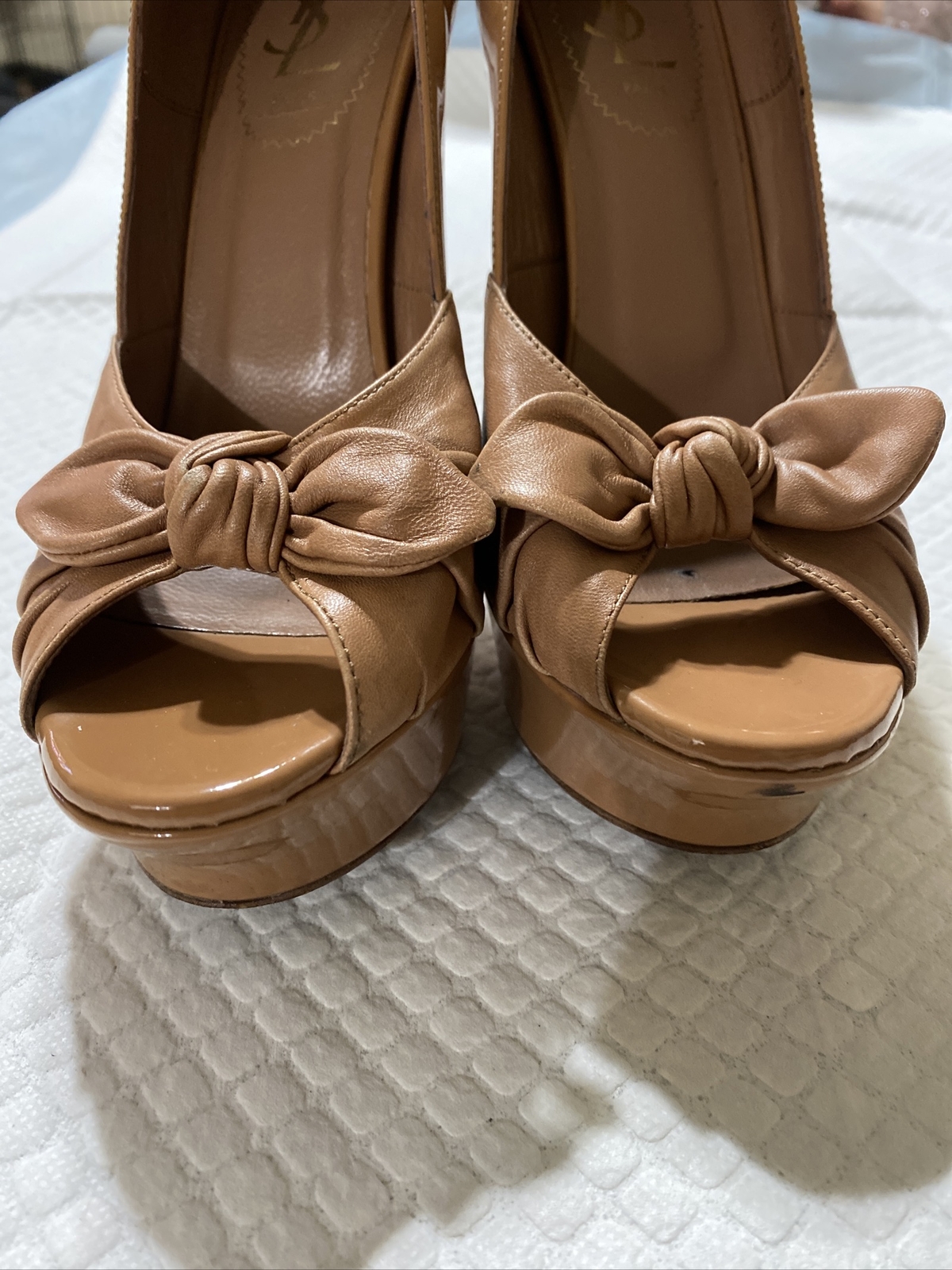 Brown Tan Ysl Patent Leather Bow Peep Toe Heels Platf… - Gem