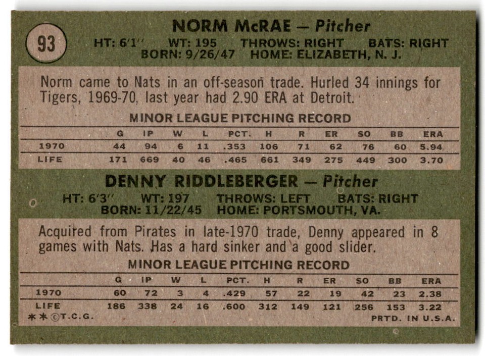 1971 Topps #93 Senators Rookies - Norm McRae / Denny Riddleberger | eBay