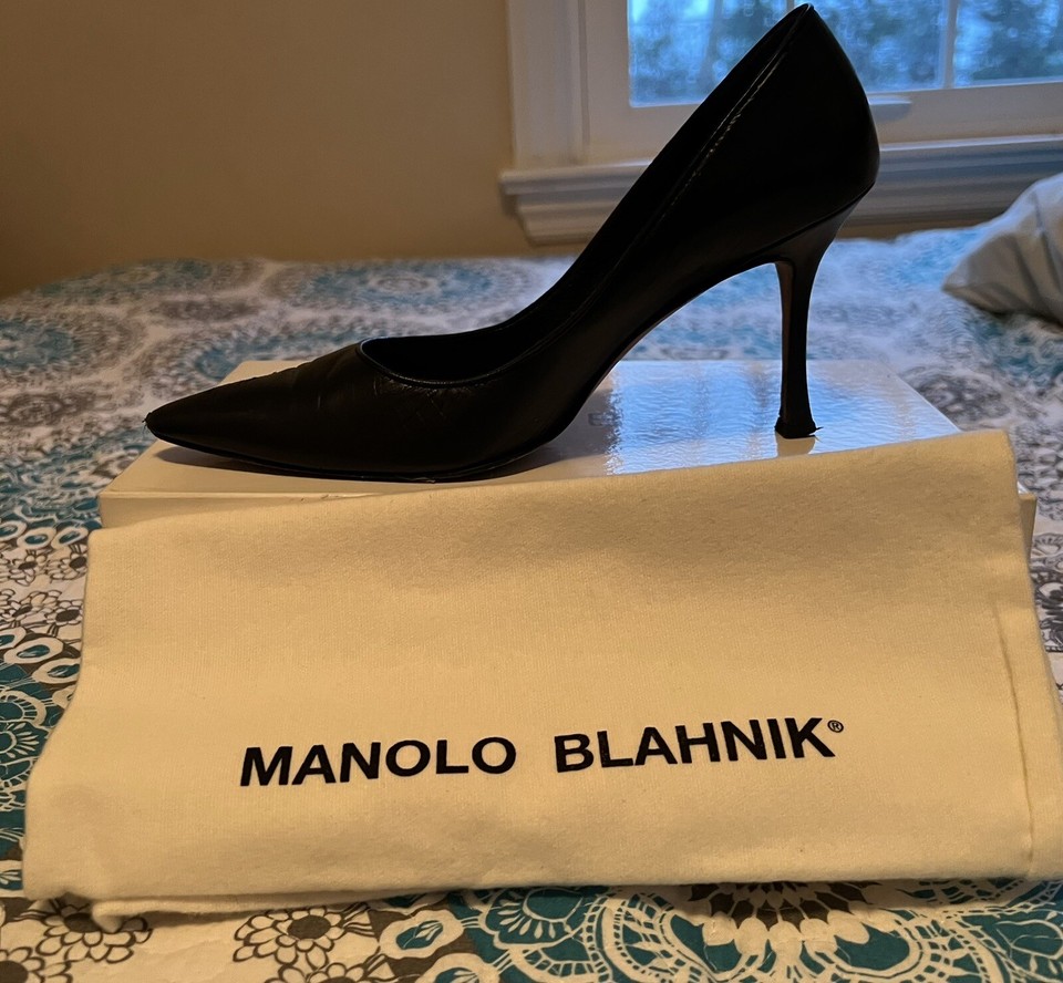 Manolo Blahnik Black Leather Strada 3in Heels W/box/ Sleep Bag/hardly ...