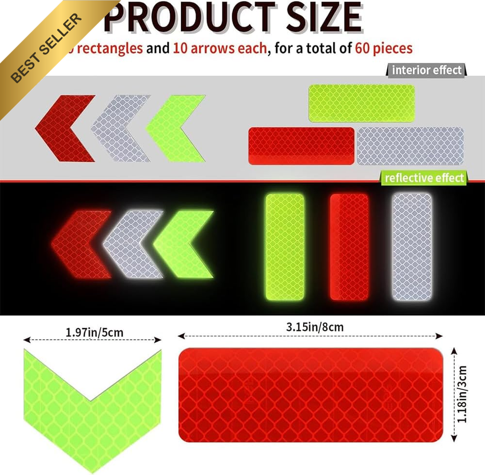 Reflector Tape, 60-Piece High Visibility Safety Reflectors in Red White ...
