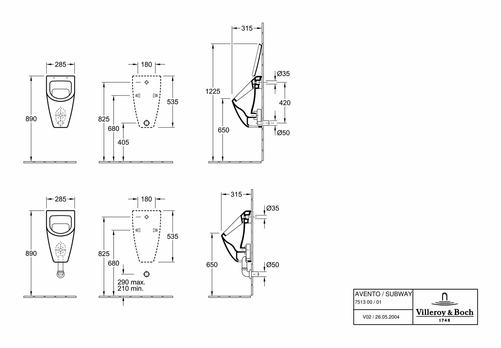 Villeroy & Boch Subway Absaug-Urinal für Deckel 285 x 315 x 535 mm ...