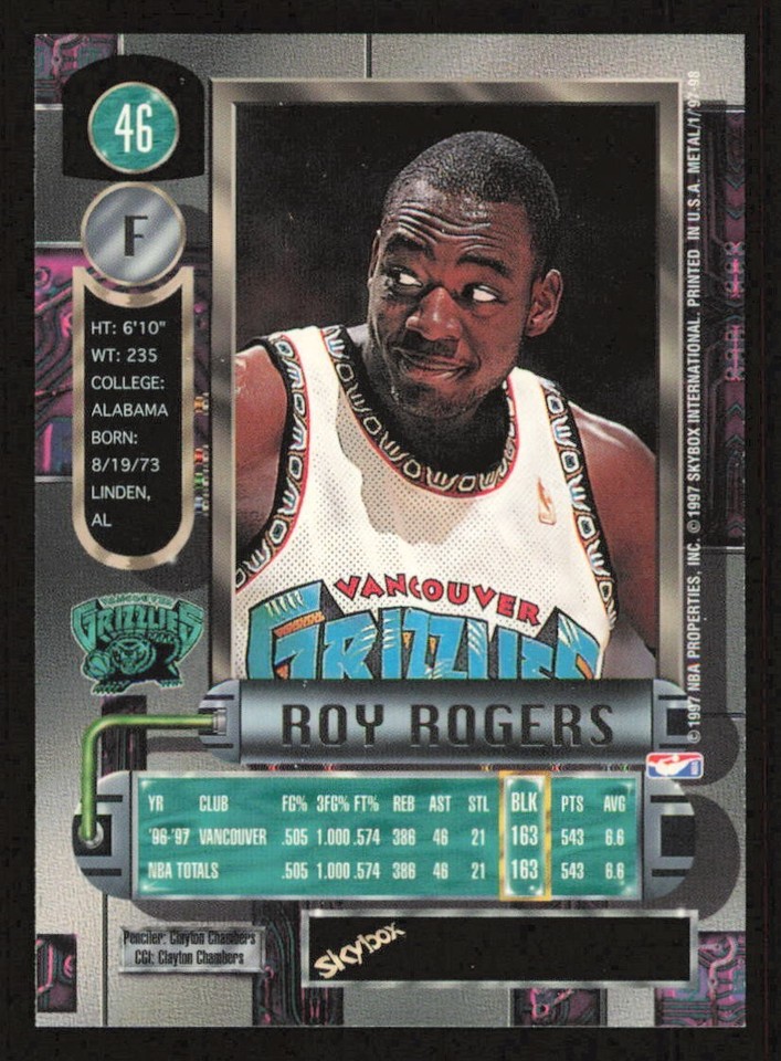 1997 Metal Universe ROY ROGERS Basketball card #46 VANCOUVER GRIZZLIES ...