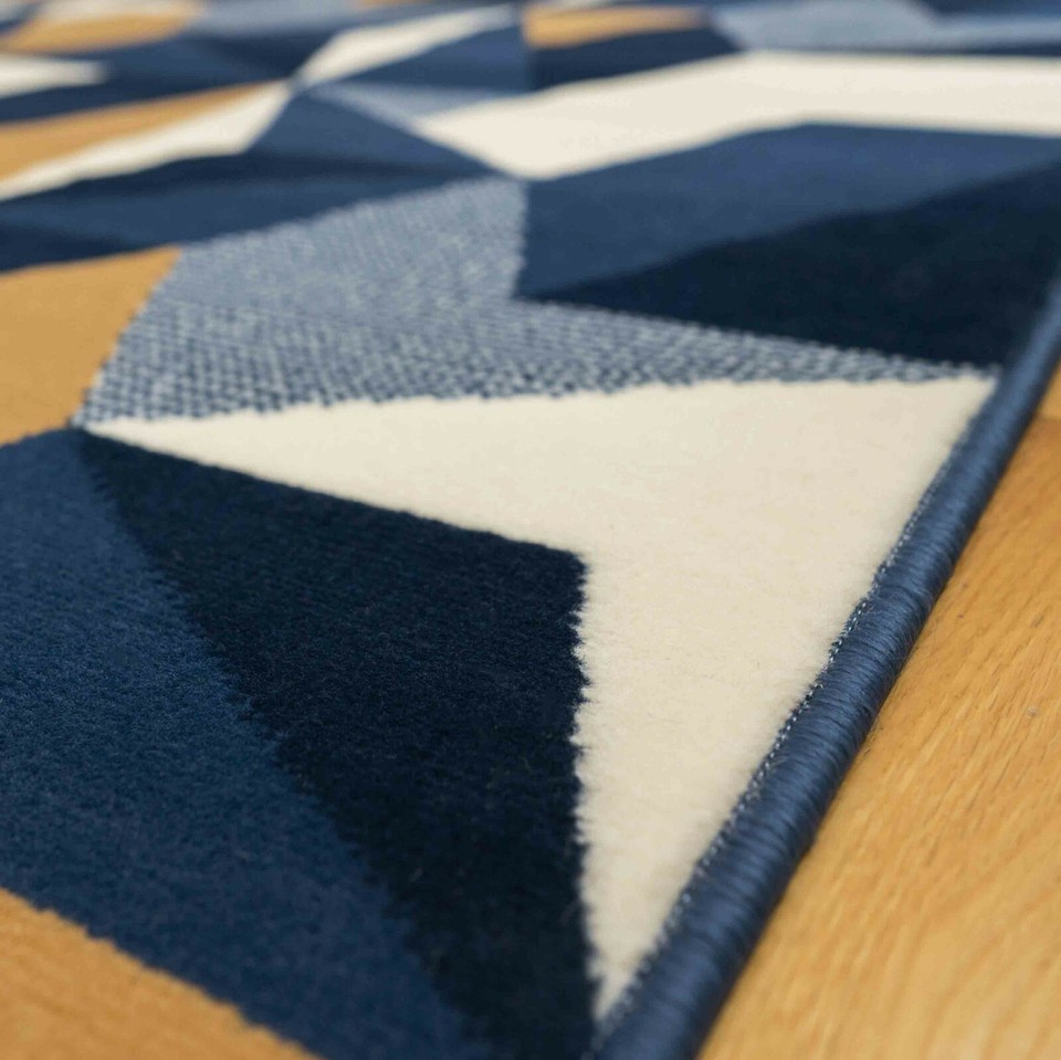 Navy Blue Geometric Rug for Living Room | Grey Stylish Extra Long ...