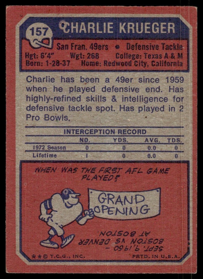 1973 TOPPS CHARLIE KRUEGER 3 SAN FRANCISCO 49ERS #157 | eBay