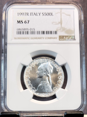 1997 ITALY SILVER 500 LIRE RENAISSANCE WOMAN NGC MS 67 SCARCE GEM BU ...