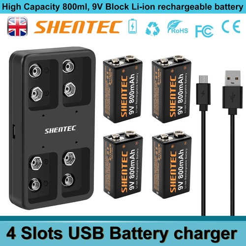 9V Block 6F22 Lithium 9 Volt PP3 Rechargeable Batteries/ 4 Slot USB ...