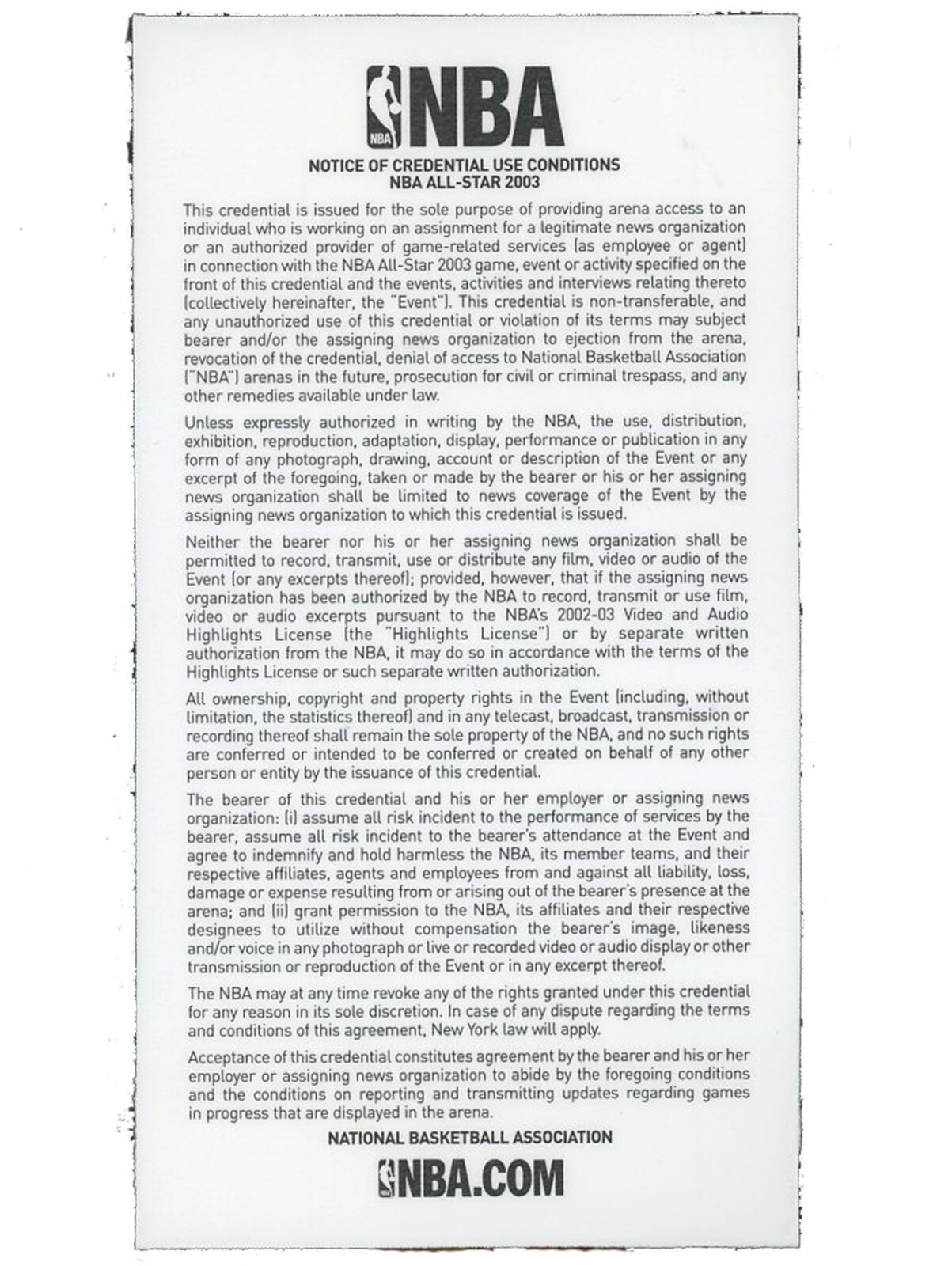 MICHAEL JORDAN'S 2003 NBA ALL-STAR WEEKEND CREDENTIAL - MJ'S FINAL ALL ...