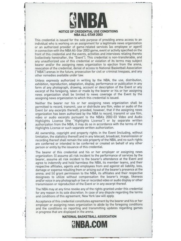 MICHAEL JORDAN'S 2003 NBA ALL-STAR WEEKEND CREDENTIAL - MJ'S FINAL ALL ...