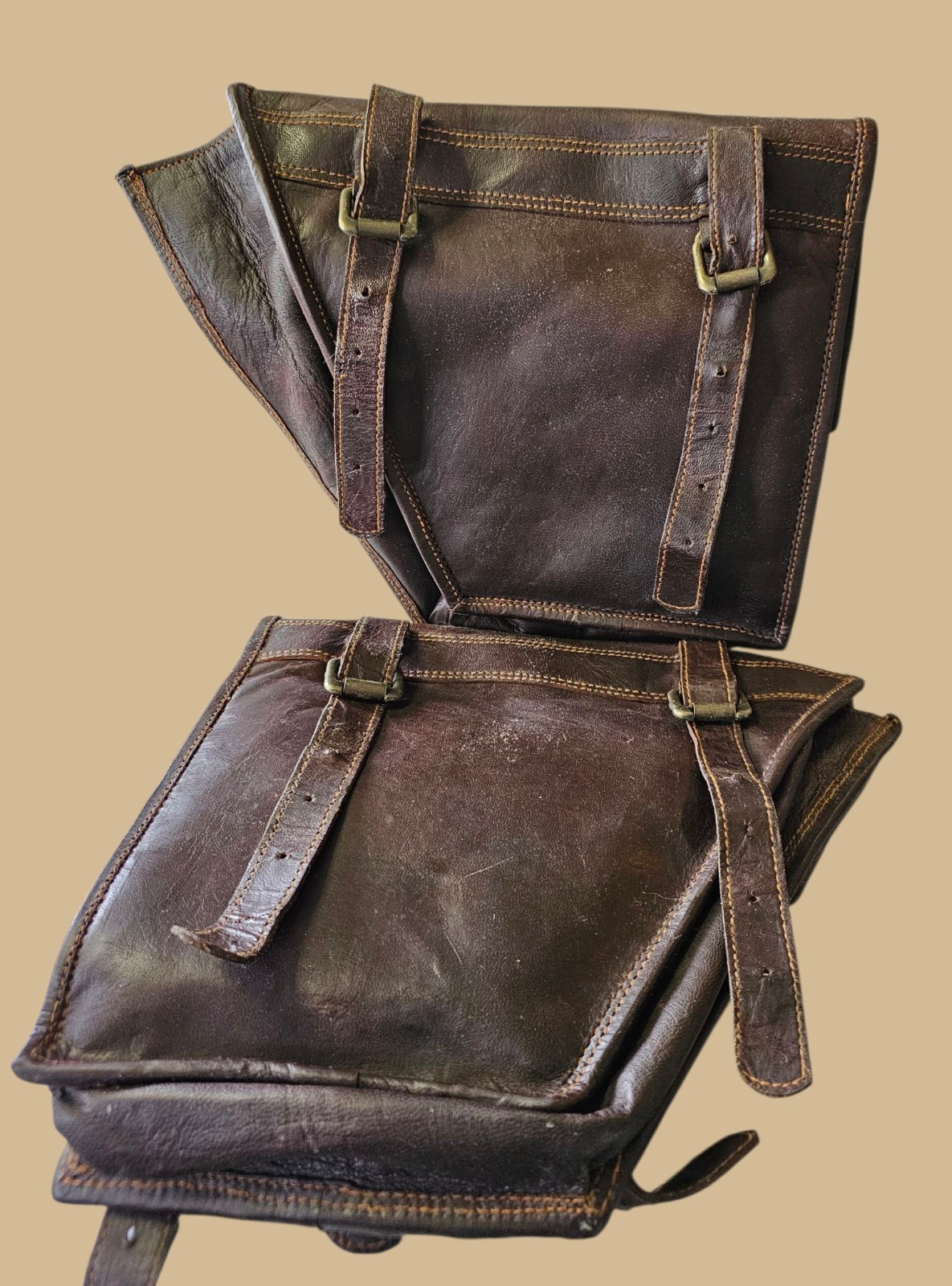 Pair of Brown Leather Motorcycle Saddle Bags Panniers Satchels Pouches ...