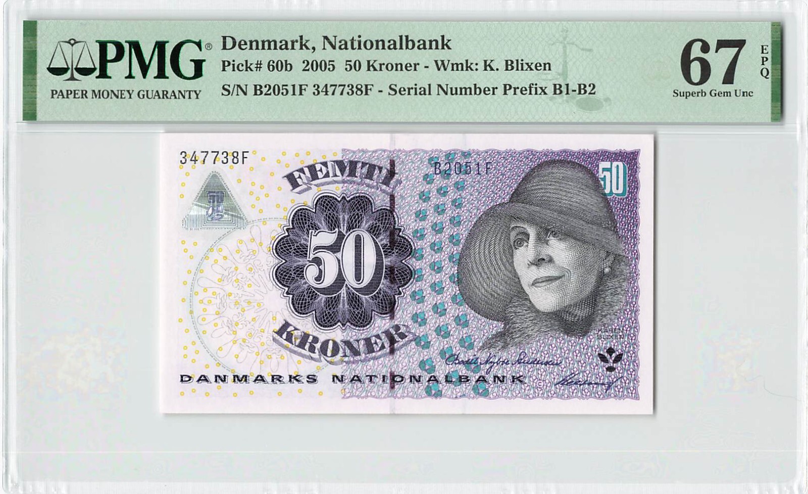 DENMARK 50 Kroner 2007, P-60d, PMG 67 EPQ Superb Gem UNC, Rare Grade ...