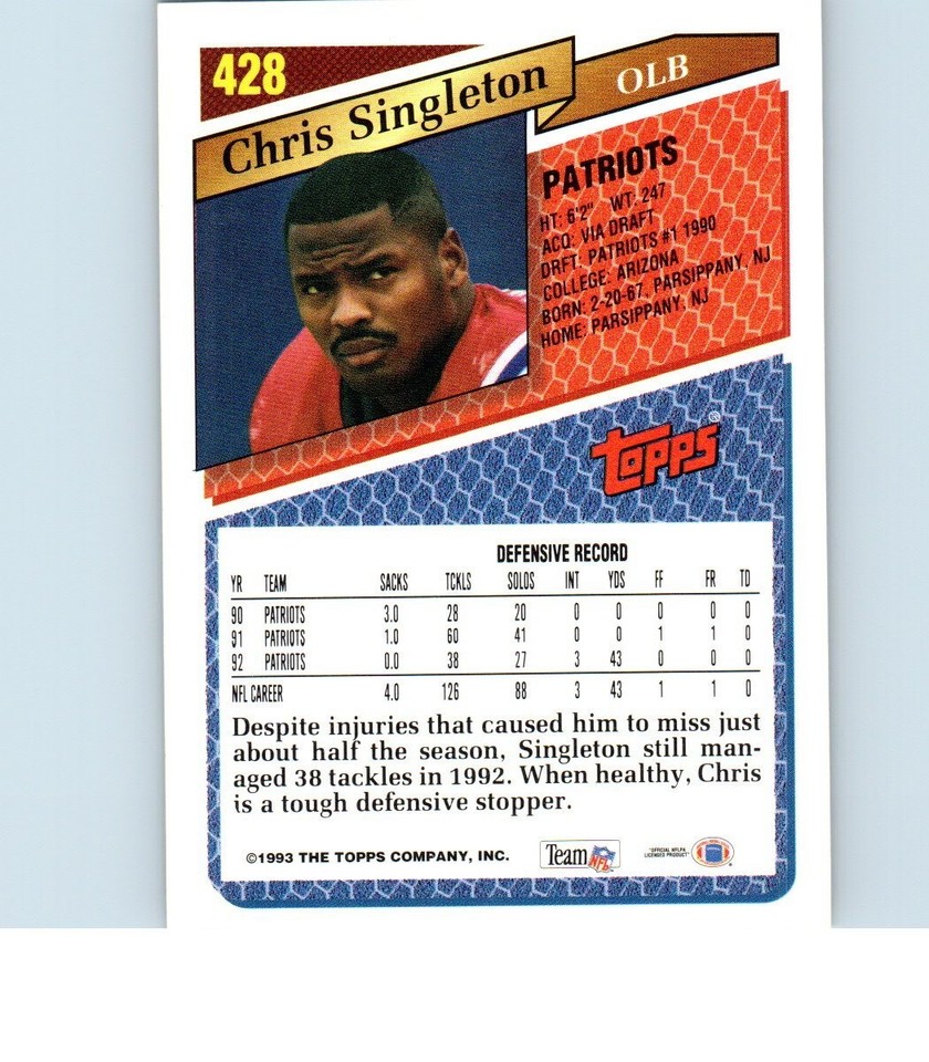 Chris Singleton 428 Patriots 1993 Topps Football Trading Card | eBay