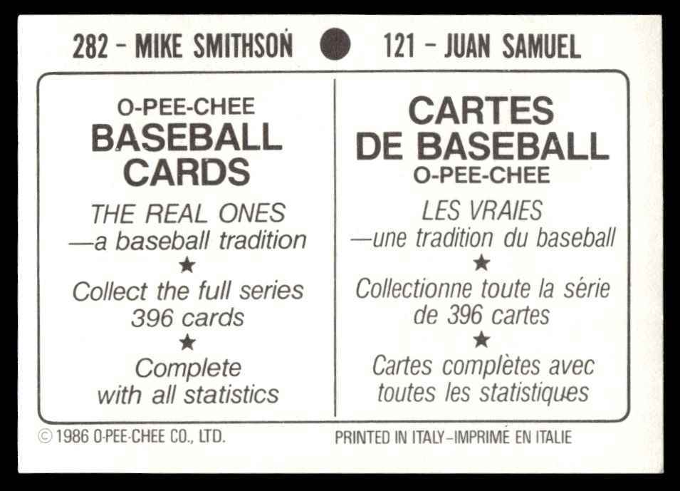 1986 O-Pee-Chee Stickers Mike Smithson/Juan Samuel Philadelphia ...
