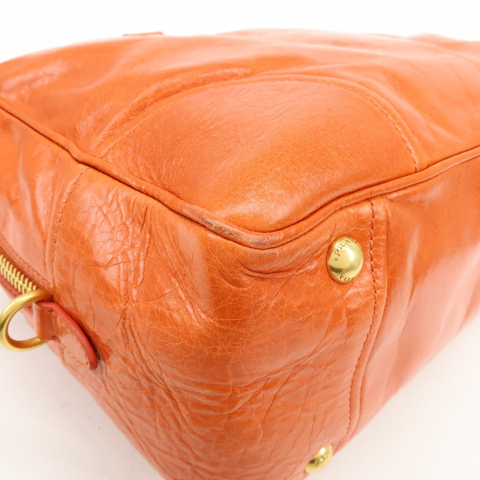 PRADA Logo Leather Boston Bag Hand Bag Shoulder Bag Orange BL0821 Auth ...