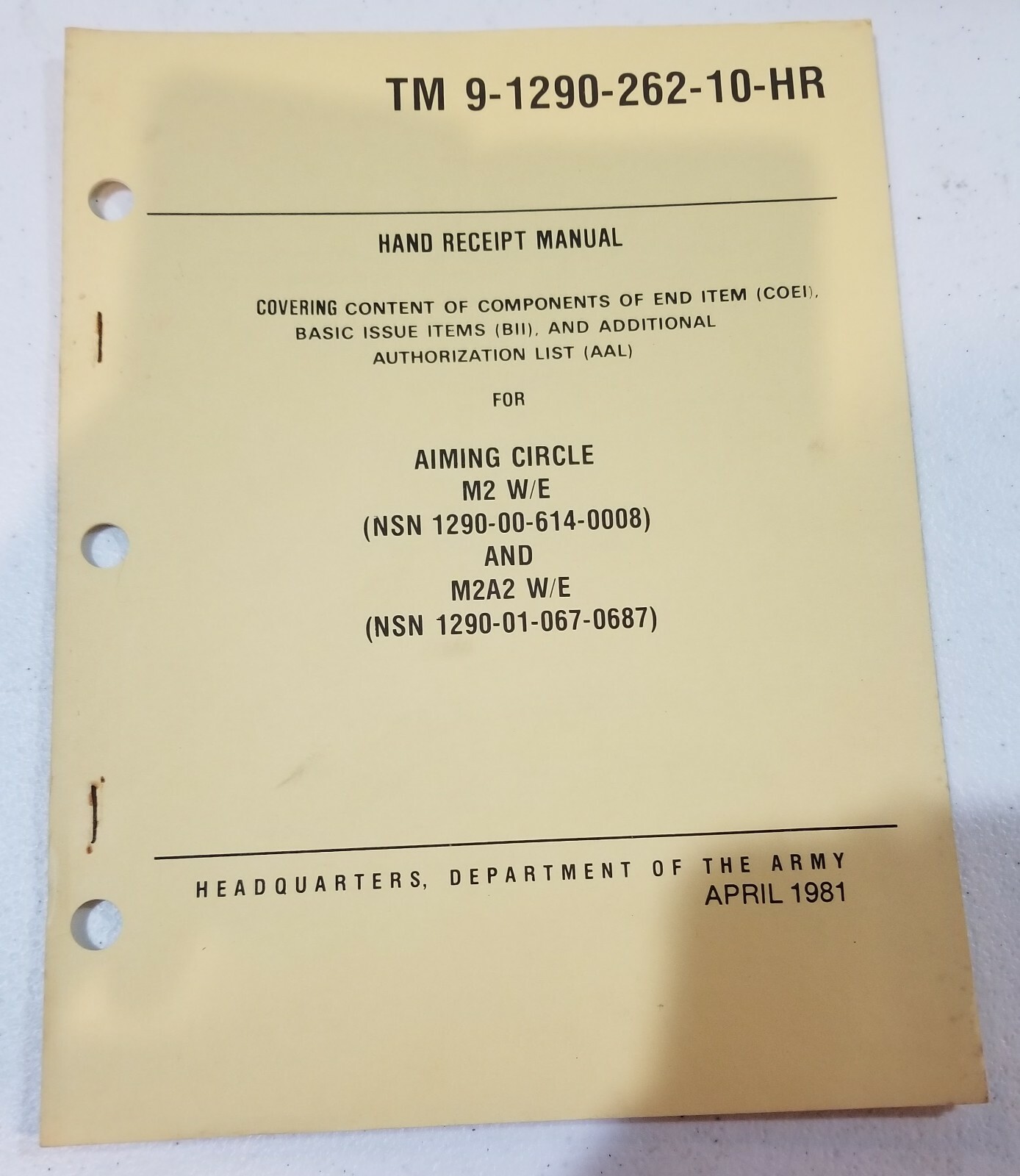 TM 9-1290-262-10-HR Hand Receipt Manual for Aiming Circle M2 W/E and ...