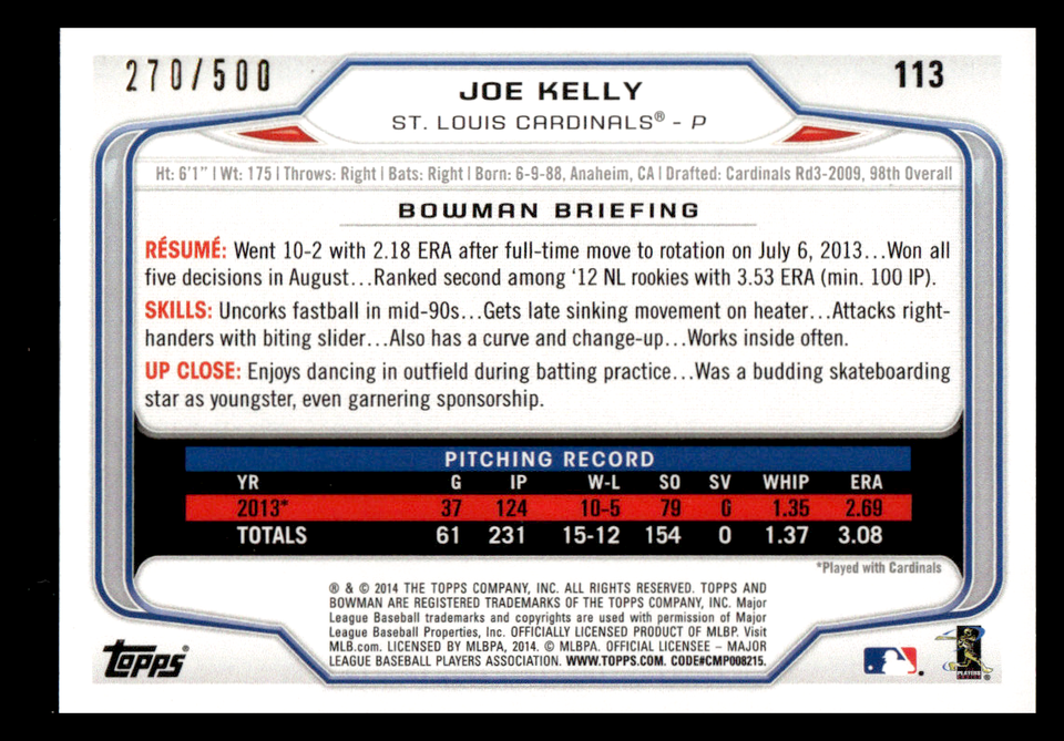 2014 Bowman Blue #113 Joe Kelly St. Louis Cardinals /500 | eBay