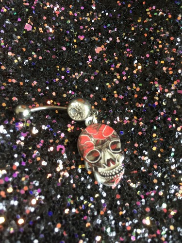 Navel Piercing Stainless Steel Hypoallergenic Rhinestones & Red Skull ...