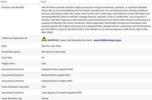 Engine OEM Oil Filter WIX for VOLKSWAGEN POINTER TRUCK 1998-1999 L4-1 ...