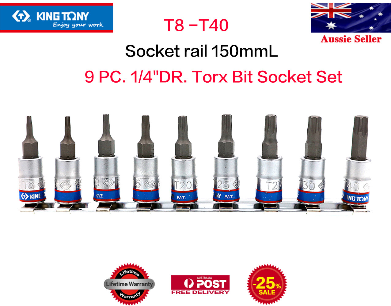 KING TONY 1/4"DR T18-T4 9PC Torx Star Bit Set Socket Set rail 200mmL | eBay
