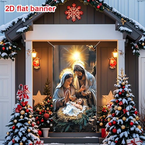 2D Flat, 1pc Christmas Nativity Scene Backdrop Banner - Festive Snowy ...