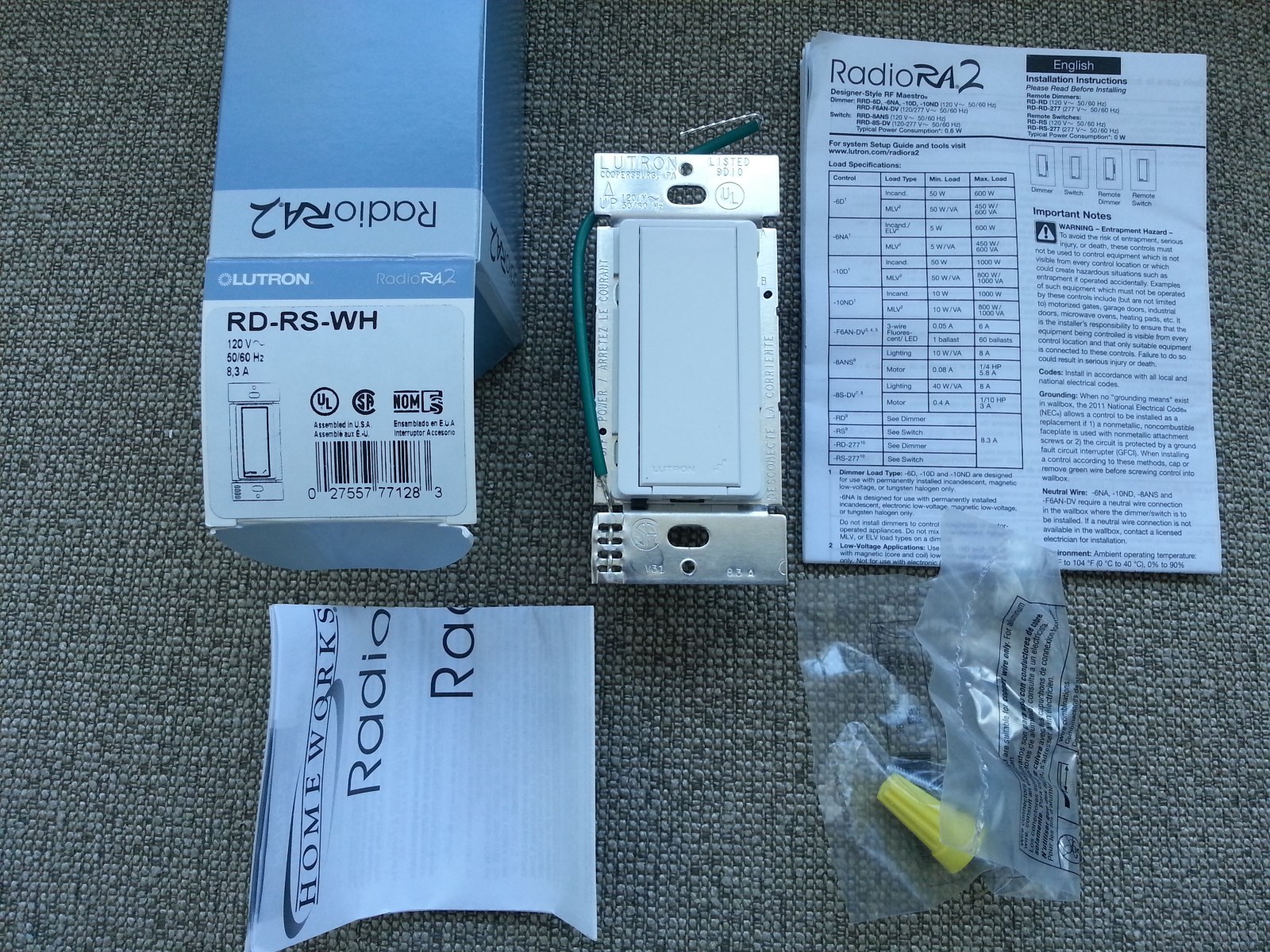 Lutron RD-RS-WH Remote (No-Load) 3-Way Switch Radio Ra2 RadioRA RA ...
