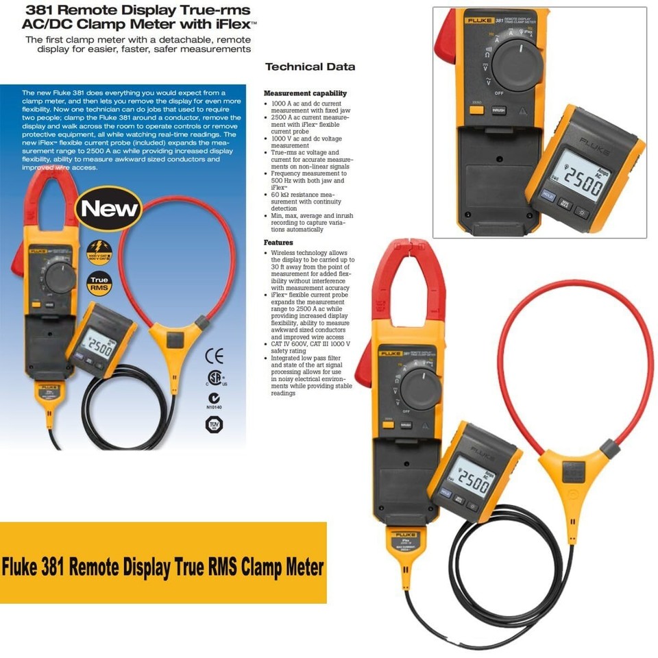 Fluke 381 Remote Display T-RMS High Voltage Clamp Ammeter 1000A AC/DC ...