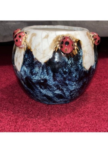 Rare Japanese Sumida Gawa Red Crab Squat Vase White Crackle Glaze Over ...