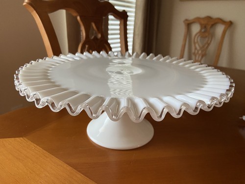 Fenton White Milk Glass Silver Crest Pedestal Cake Stand Plate Ruffled ...