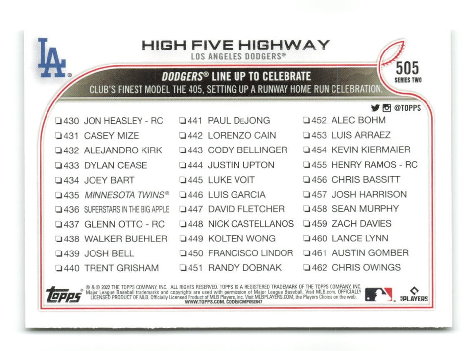 2022 Topps High Five Highway #505 Checklist Los Angeles Dodgers | eBay