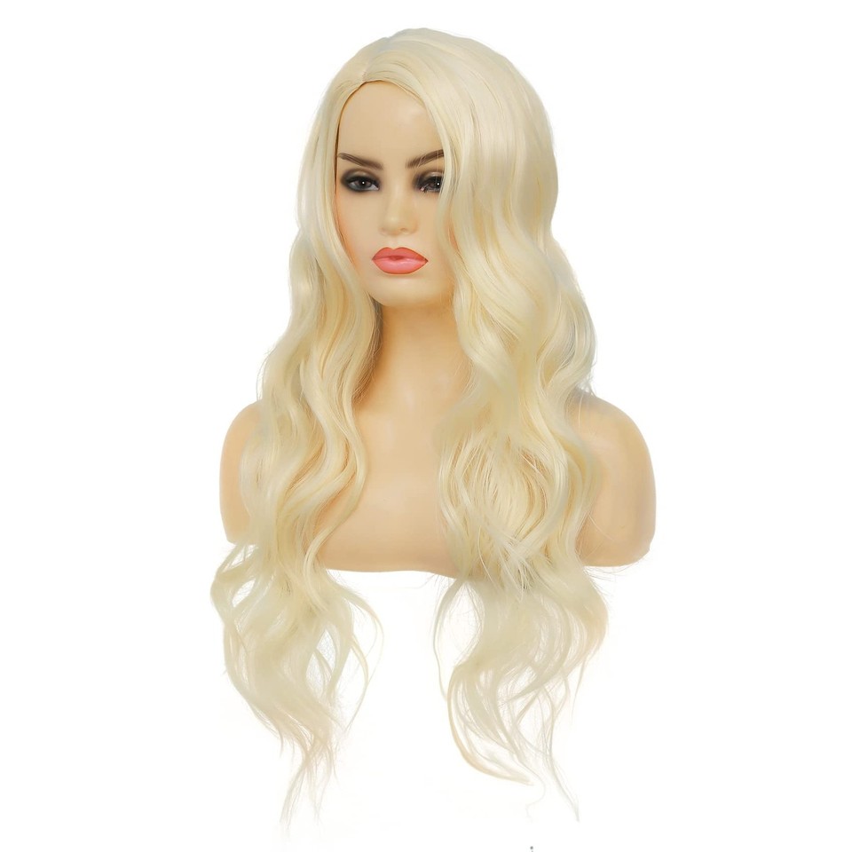 Curly Long Blonde Wig for Women Wavy Side Part Wig Natural Synthetic ...