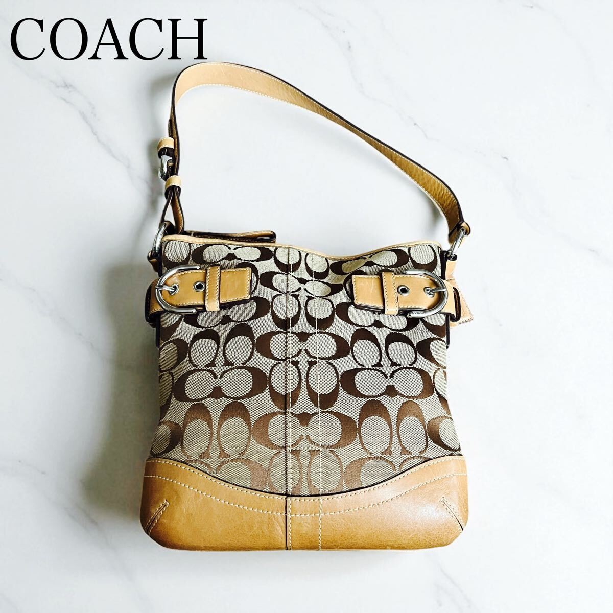 COACH Signature Leather Shoulder Bag Beige - Gem
