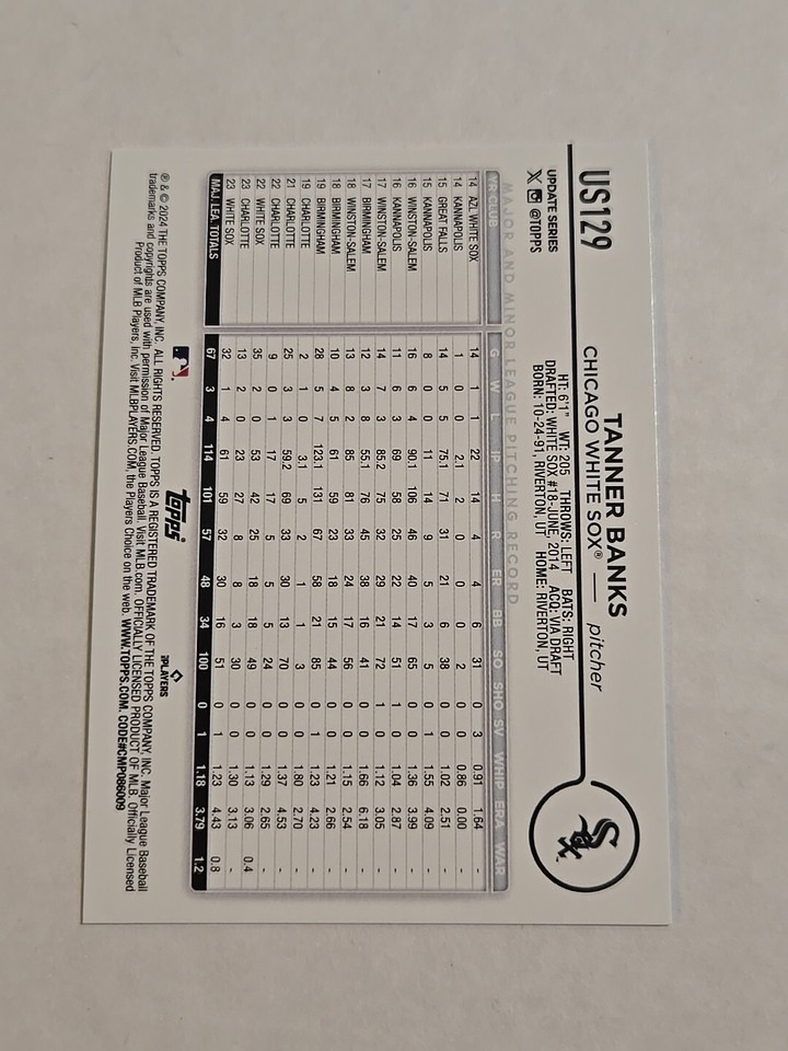 2024 Topps Update Tanner Banks Aqua Fanatics Parallel White Sox US129 ...