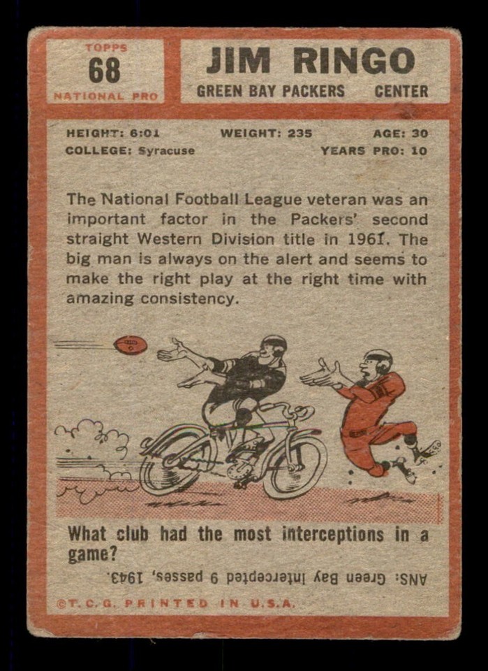 1962 Topps Football #68 Jim Ringo PR *e1 | eBay