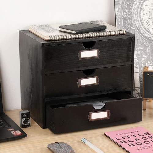 Wooden Storage Box Rustic Desktop Organizer with 3 Large, Black-large03 ...