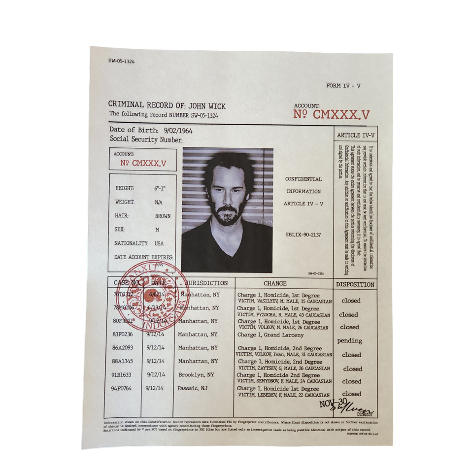 Excommunicado John Wick contract documents for prop or display The ...