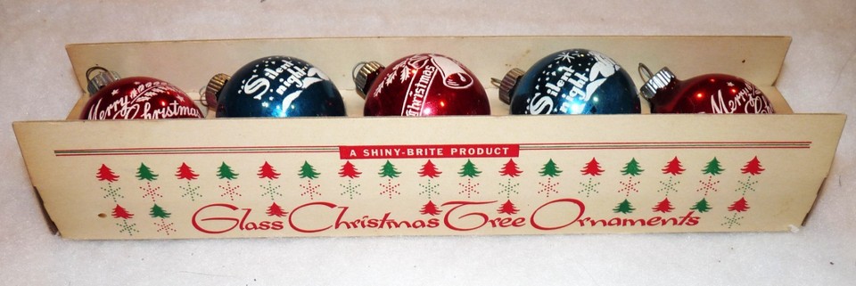 5 Pack~ Vtg~ SHINY BRITE Xmas Glass Ornament~ Stencil Greeting~Silent ...